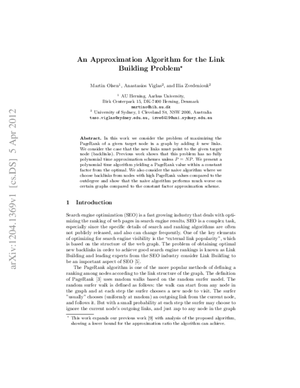 Pdf An Approximation Algorithm For The Link Building Problem