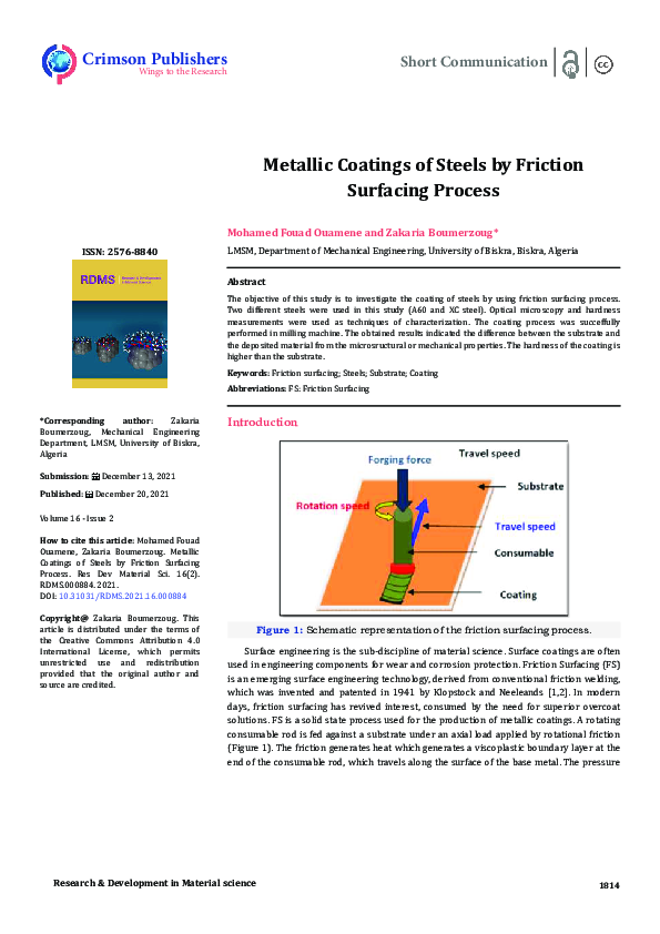 (PDF) Metallic Coatings of Steels by Friction Surfacing Process ...