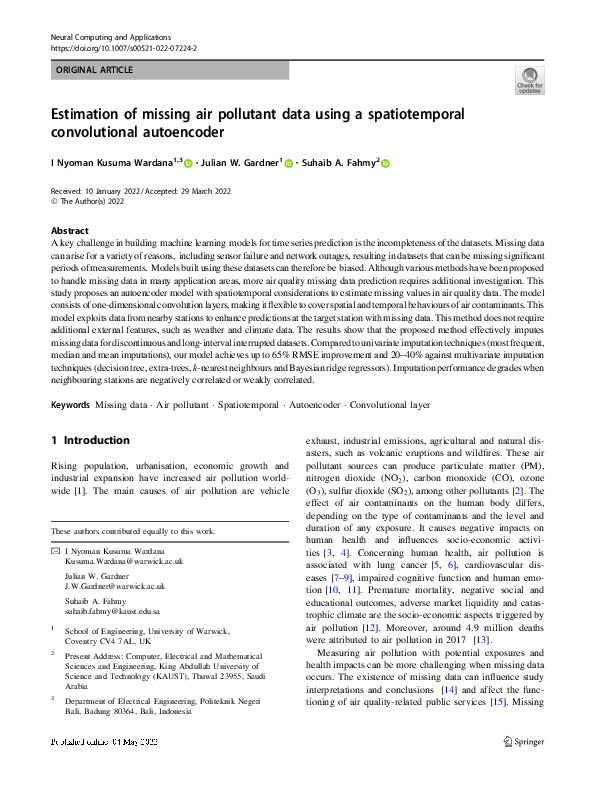 Pdf Estimation Of Missing Air Pollutant Data Using A Spatiotemporal Convolutional Autoencoder