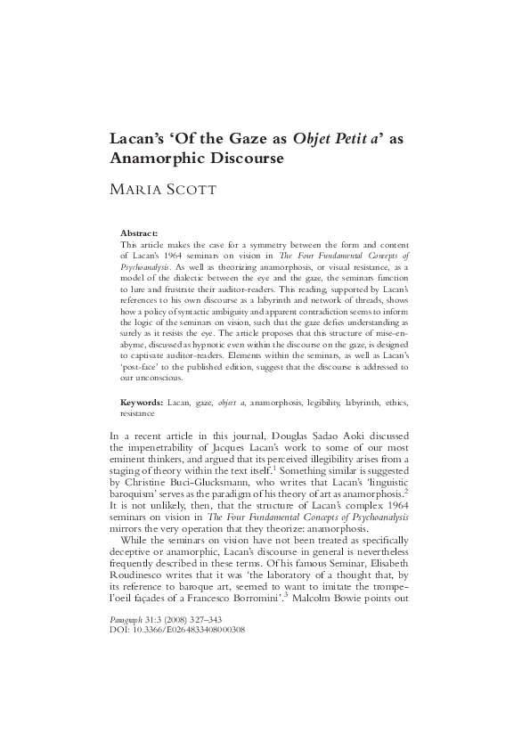 (PDF) Lacan's ‘Of the Gaze as Objet Petit a ’ as Anamorphic Discourse