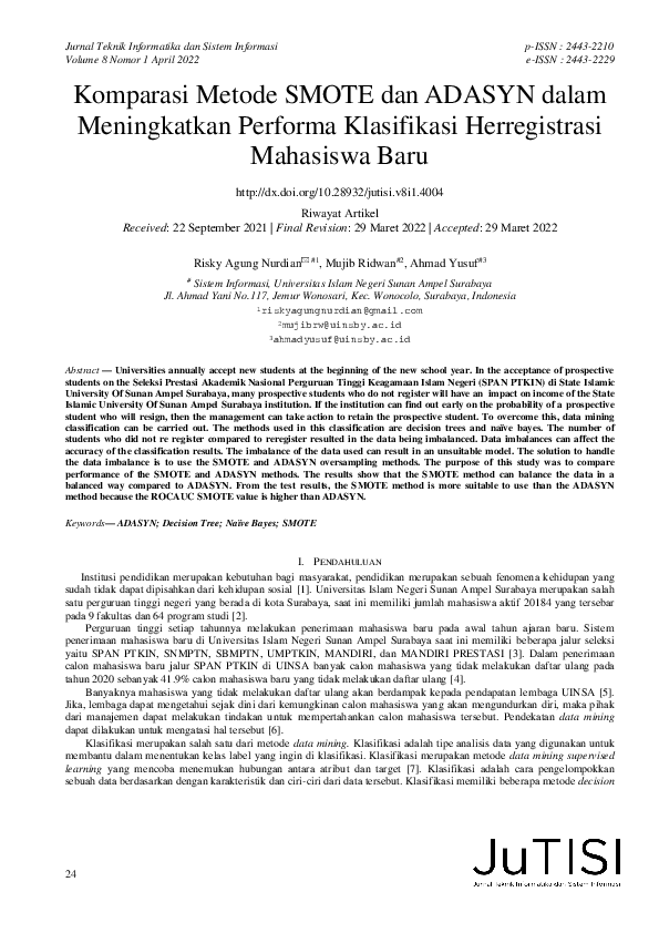 (PDF) Komparasi Metode SMOTE dan ADASYN dalam Meningkatkan Performa Klasifikasi Herregistrasi ...