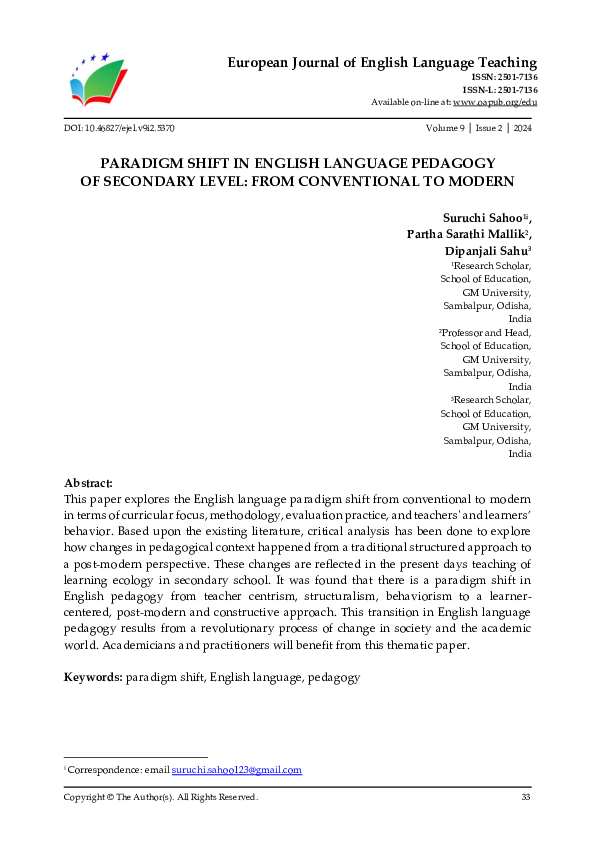 (PDF) Paradigm Shift in English Language Pedagogy: From Conventional to Modern