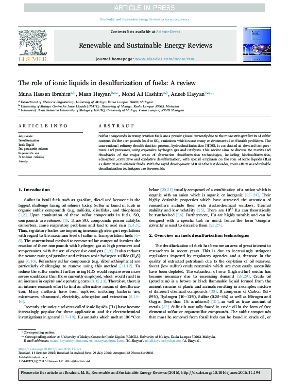 (PDF) The role of ionic liquids in desulfurization of fuels: A review