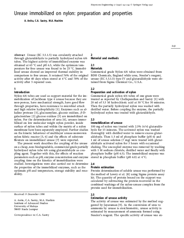 (PDF) Urease immobilized on nylon: preparation and properties