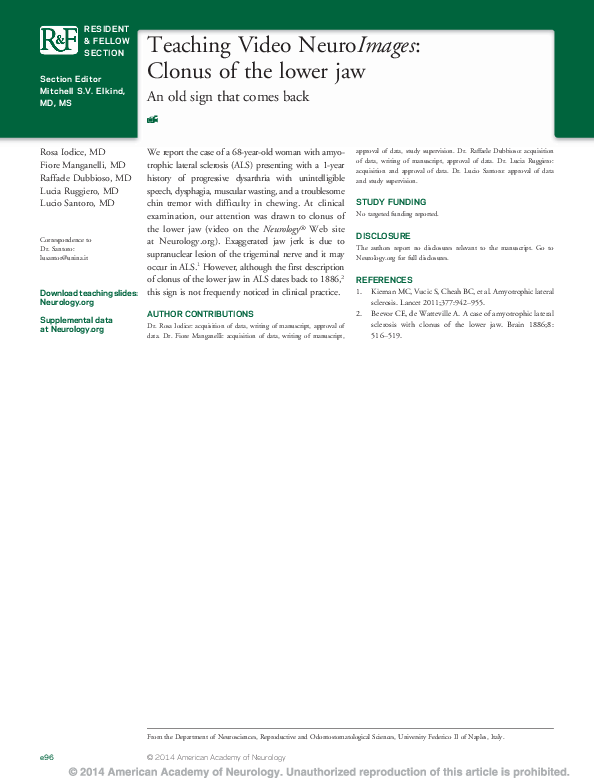 (PDF) Teaching Video NeuroImages: Clonus of the lower jaw: An old sign ...