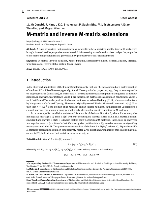 (PDF) M-matrix and inverse M-matrix extensions