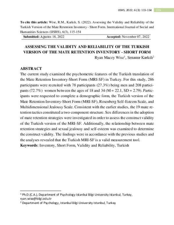 (PDF) Assessing the Validity and Reliability of the Turkish Version of the Mate Retention ...