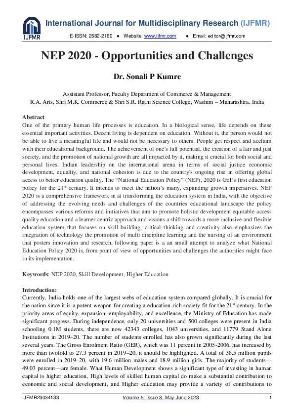 (PDF) NEP 2020 - Opportunities and Challenges