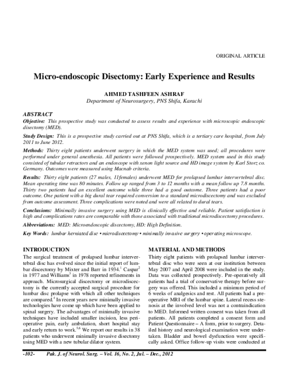 (PDF) Micro-endoscopic Disectomy: Early Experience and Results | Ahmed ...