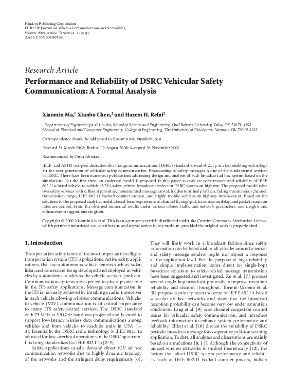(PDF) Performance and Reliability of DSRC Vehicular Safety Communication: A Formal Analysis