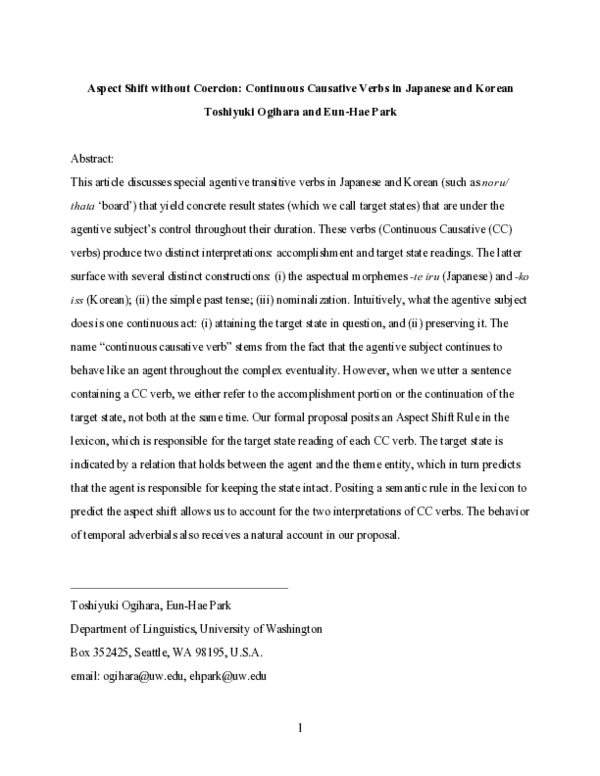 (PDF) Aspect shift without coercion: continuous causative verbs in ...