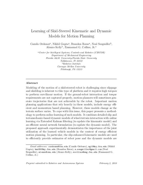 (PDF) Learning of skid-steered kinematic and dynamic models for motion planning | camilo ordoñez ...