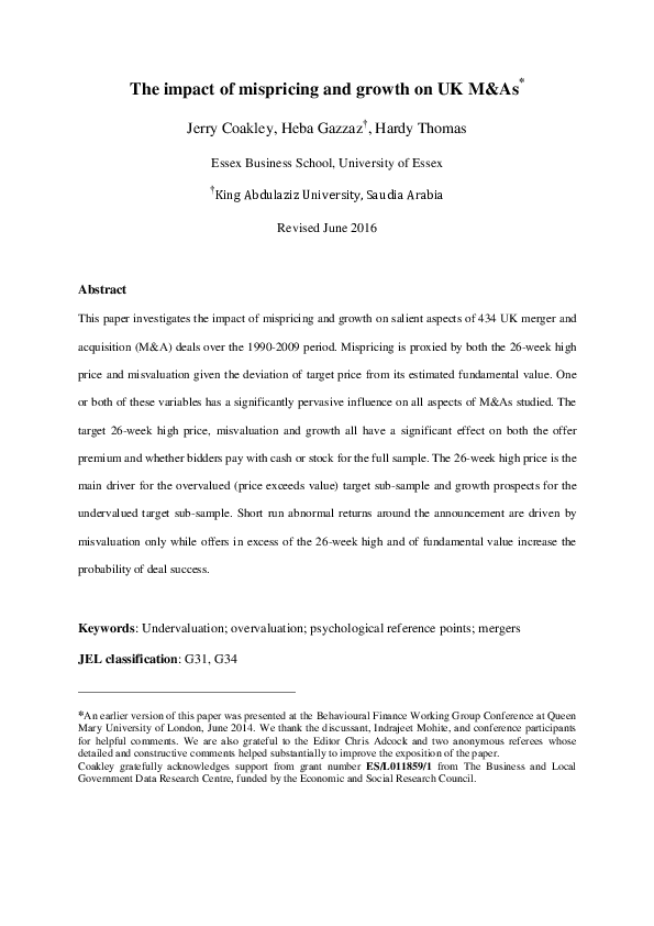 (PDF) The impact of mispricing and growth on UK M&As†