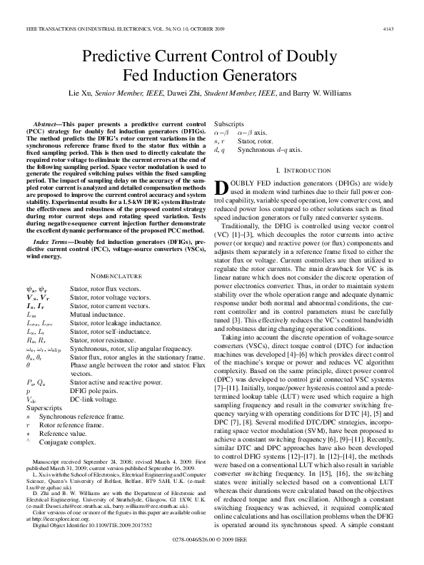 Pdf Predictive Current Control Of Doubly Fed Induction Generators