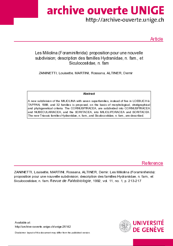 (PDF) Les Miliolina (Foraminiferida): Proposition pour une nouvelle ...