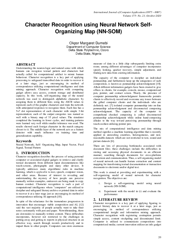 Pdf Character Recognition Using Neural Network Self Organizing Map Nn Som