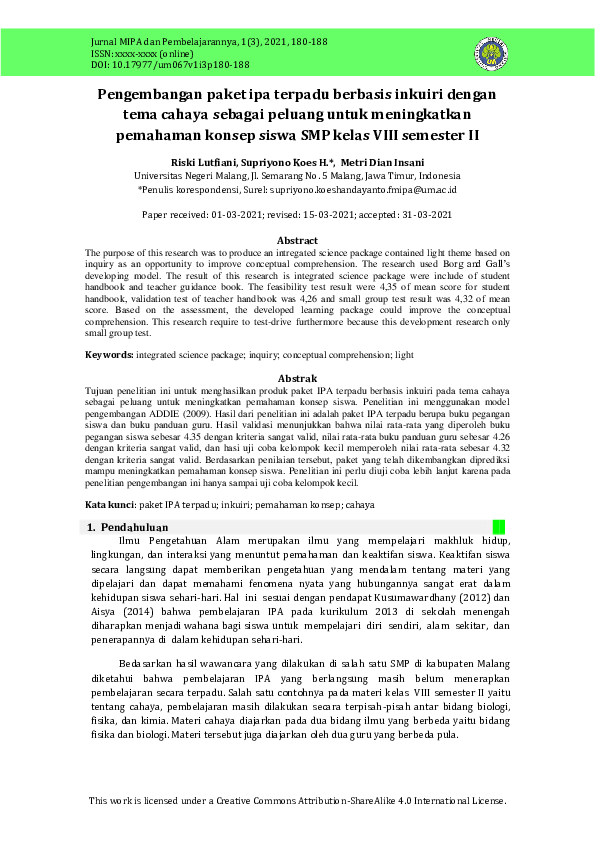 (PDF) Pengembangan paket ipa terpadu berbasis inkuiri dengan tema cahaya sebagai peluang untuk ...