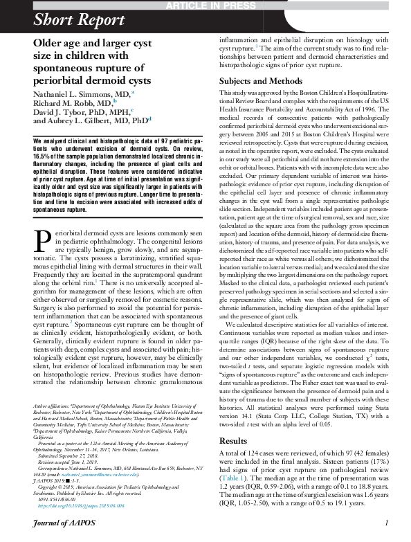 (PDF) Older age and larger cyst size in children with spontaneous ...