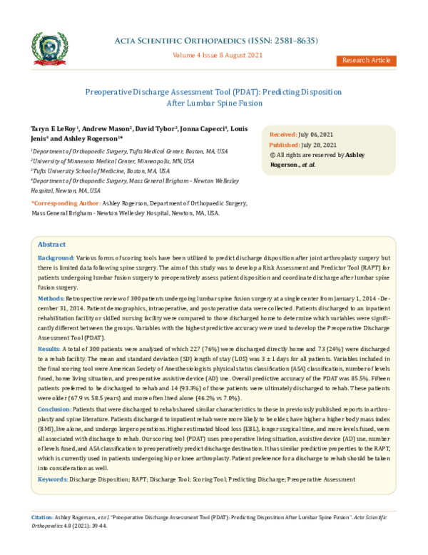 (PDF) Preoperative Discharge Assessment Tool (PDAT): Predicting ...