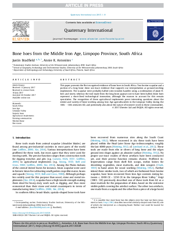(PDF) Bone hoes from the Middle Iron Age, Limpopo Province, South Africa