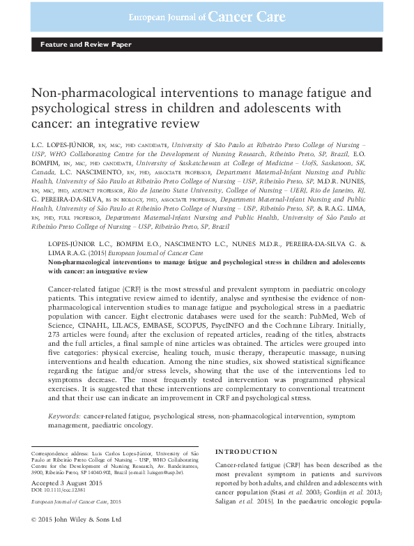 (PDF) Non-pharmacological interventions to manage fatigue and psychological stress in children ...