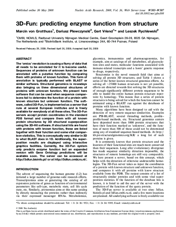 (PDF) 3D-Fun: predicting enzyme function from structure