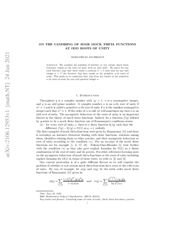 Pdf On The Vanishing Of Some Mock Theta Functions At Odd Roots Of Unity