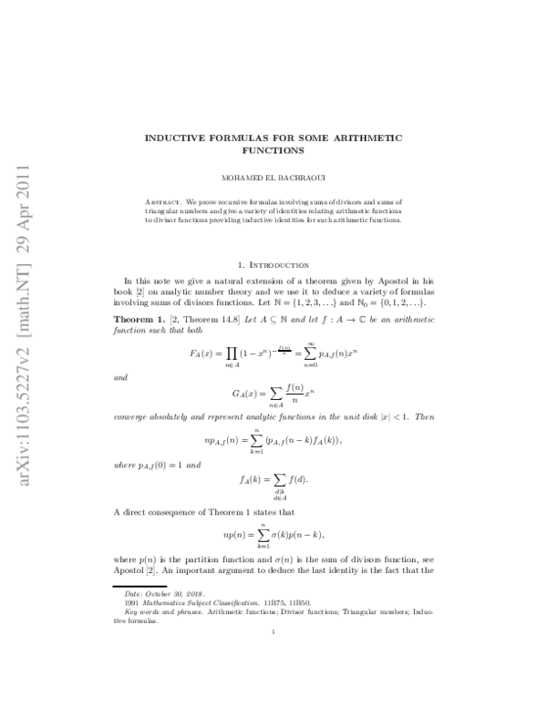 (PDF) Inductive Formulas for Some Arithmetic Functions