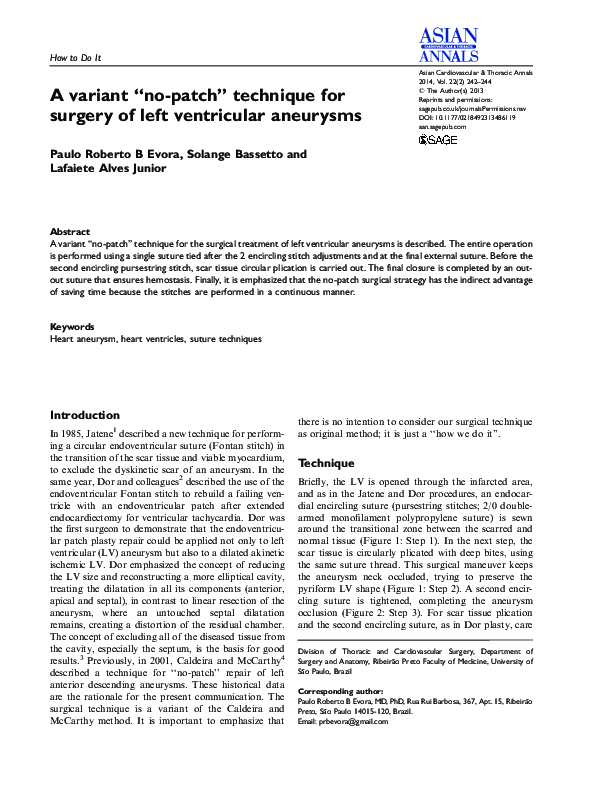 (PDF) No-Patch Technique for LV Aneurysm Surgery
