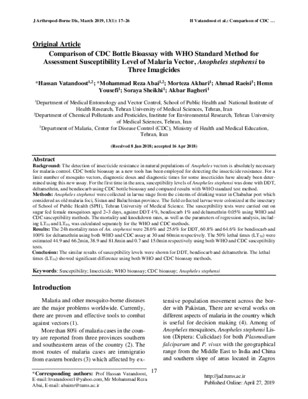 (PDF) Comparison of CDC Bottle Bioassay with WHO Standard Method for ...