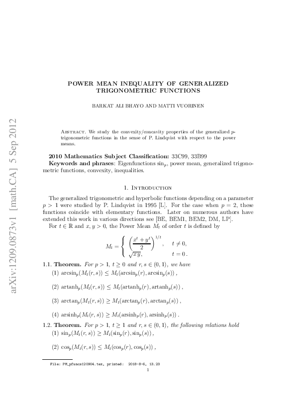 Pdf Power Mean Inequality Of Generalized Trigonometric Functions Barkat Bhayo