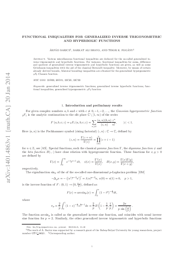 Pdf Functional Inequalities For Generalized Inverse Trigonometric And Hyperbolic Functions