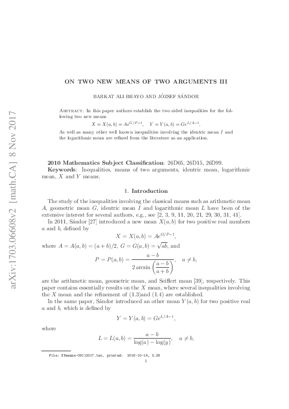 (PDF) On Two New Means of Two Arguments III