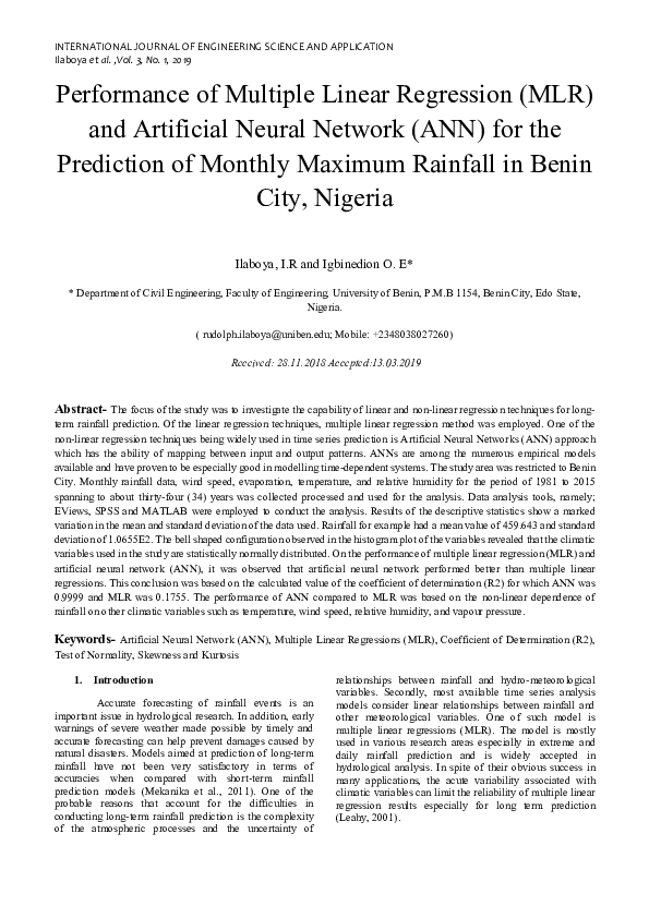 (PDF) Performance of Multiple Linear Regression (MLR) and Artificial Neural Network (ANN) for ...