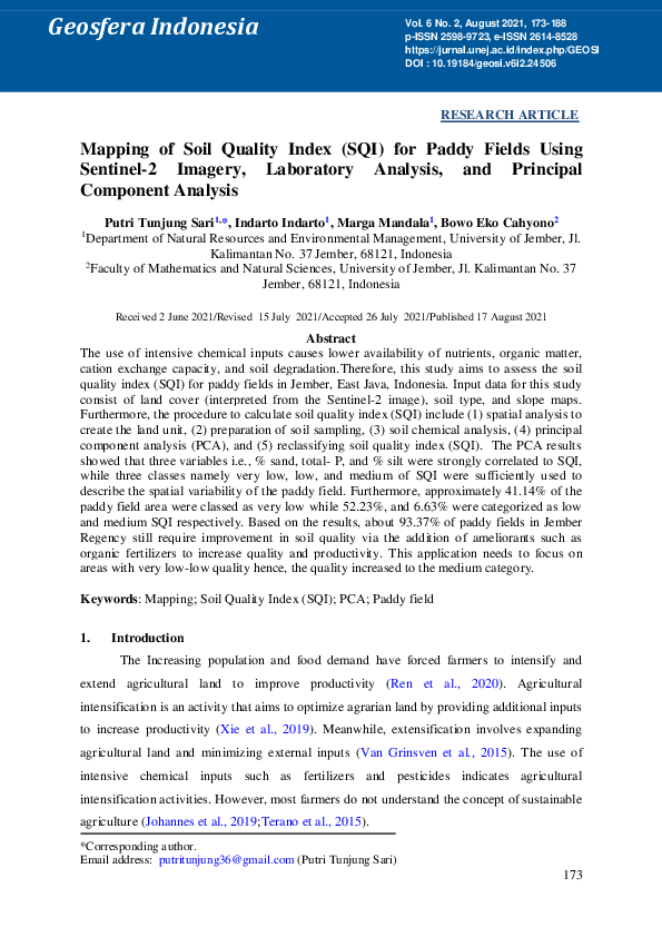 (PDF) Mapping of Soil Quality Index (SQI) for Paddy Fields Using Sentinel-2 Imagery, Laboratory ...