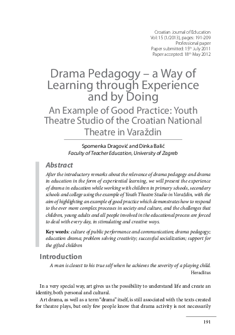 (PDF) Drama Pedagogy – a Way of Learning Through Experience and by Doing an Example of Good ...
