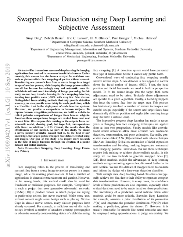 (PDF) Swapped Face Detection using Deep Learning and Subjective Assessment