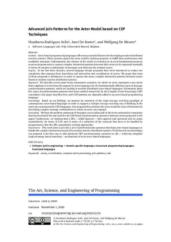 (PDF) Advanced Join Patterns for the Actor Model based on CEP Techniques