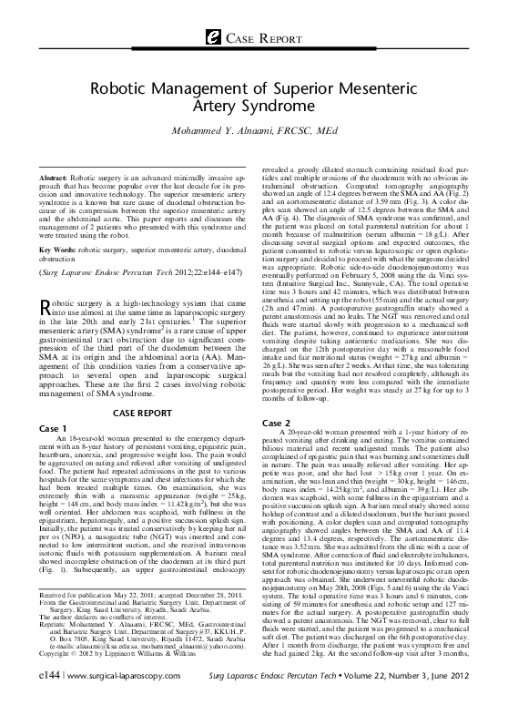 (PDF) Robotic Management of Superior Mesenteric Artery Syndrome | Mohammed Alnaami - Academia.edu