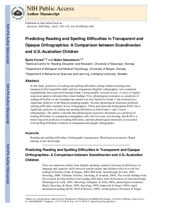 (PDF) Predicting reading and spelling difficulties in transparent and opaque orthographies: a ...