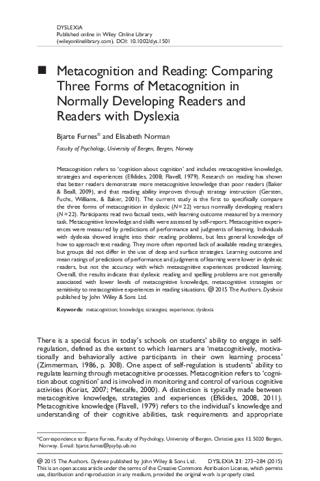 (PDF) Metacognition and Reading: Comparing Three Forms of Metacognition ...