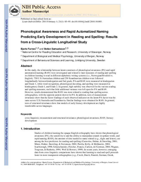 (PDF) Phonological awareness and rapid automatized naming predicting early development in ...
