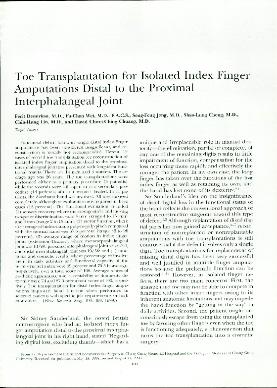 (PDF) Toe Transplantation for Isolated Index Finger Amputations Distal ...