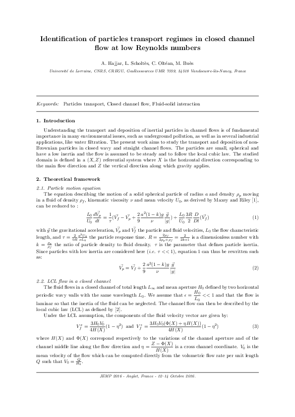 (PDF) Identification of particles transport regimes in closed channel flow at low Reynolds numbers