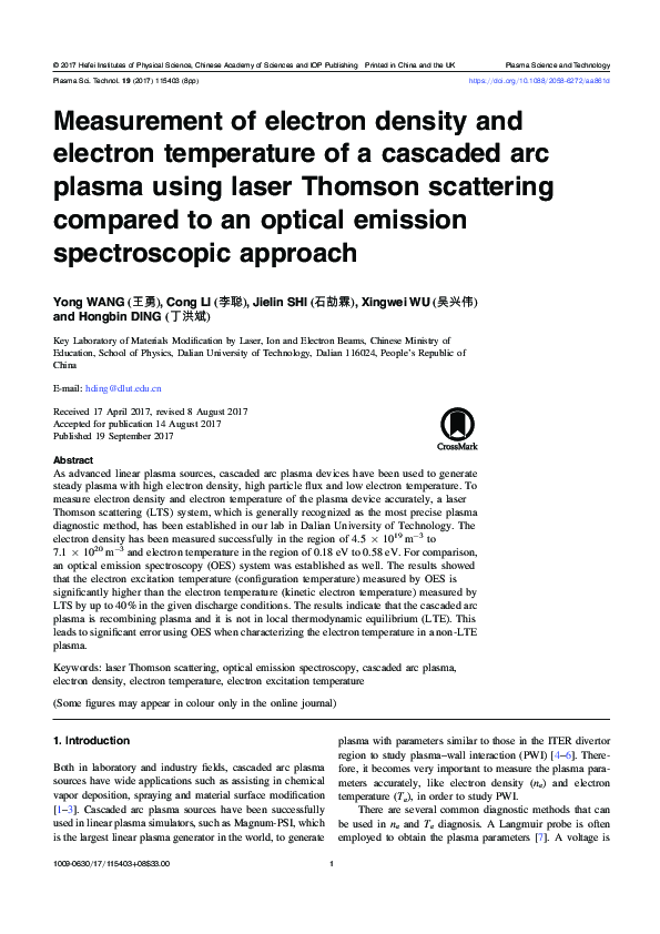 (PDF) Measurement of electron density and electron temperature of a ...