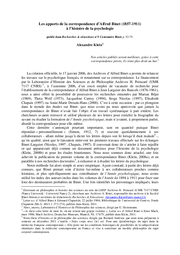 (PDF) Les apports de la correspondance d'Alfred Binet (1857-1911) à l'histoire de la psychologie