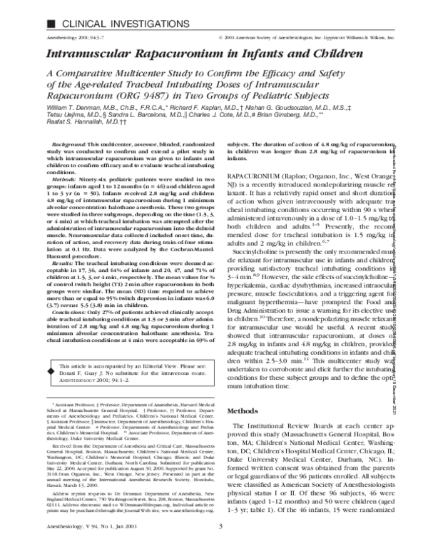 (PDF) Intramuscular Rapacuronium in Pediatric Intubation