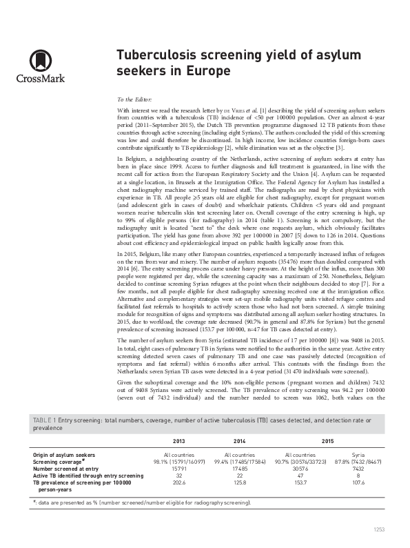 (PDF) Tuberculosis screening yield of asylum seekers in Europe