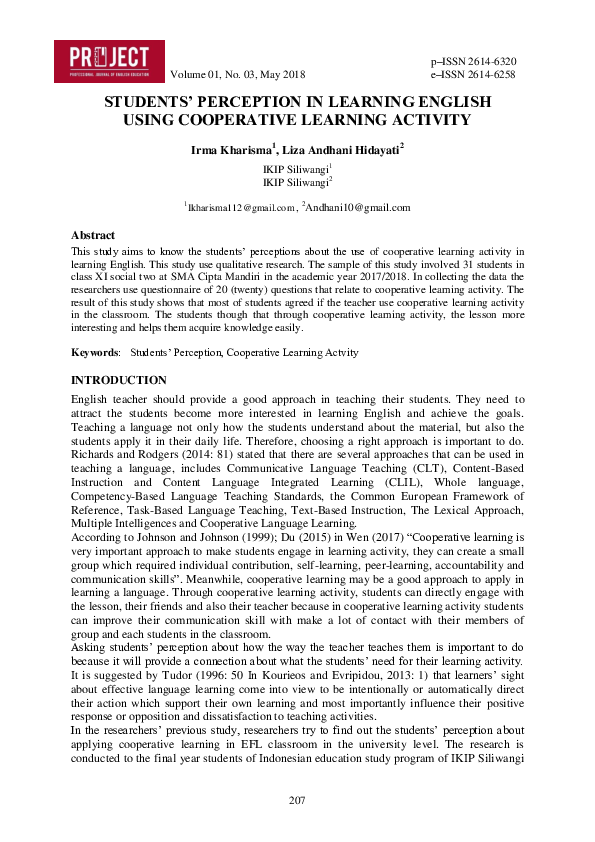 (PDF) Students’ Perception in Learning English Using Cooperative Learning Activity