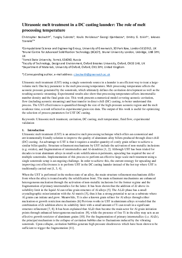 (PDF) Ultrasonic Melt Treatment in a DC Casting Launder: The Role of ...